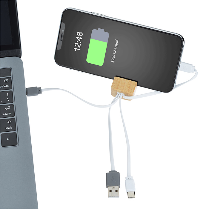 4imprint.com: Bamboo Phone Stand Duo Charging Cable 164661